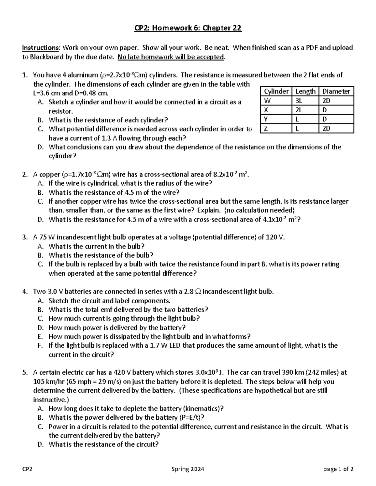 CP2 HW06 Ch22 - 2024 CP2 homework for chapter 22 - CP2 Spring 20 24 page 1 of 2 CP2: Homework 6 ...
