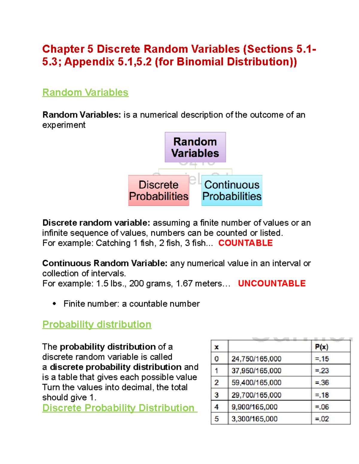 Chapter 5-6 COMM215 - Chapter 5 Discrete Random Variables (Sections 5- 5; Appendix 5,5 (for ...