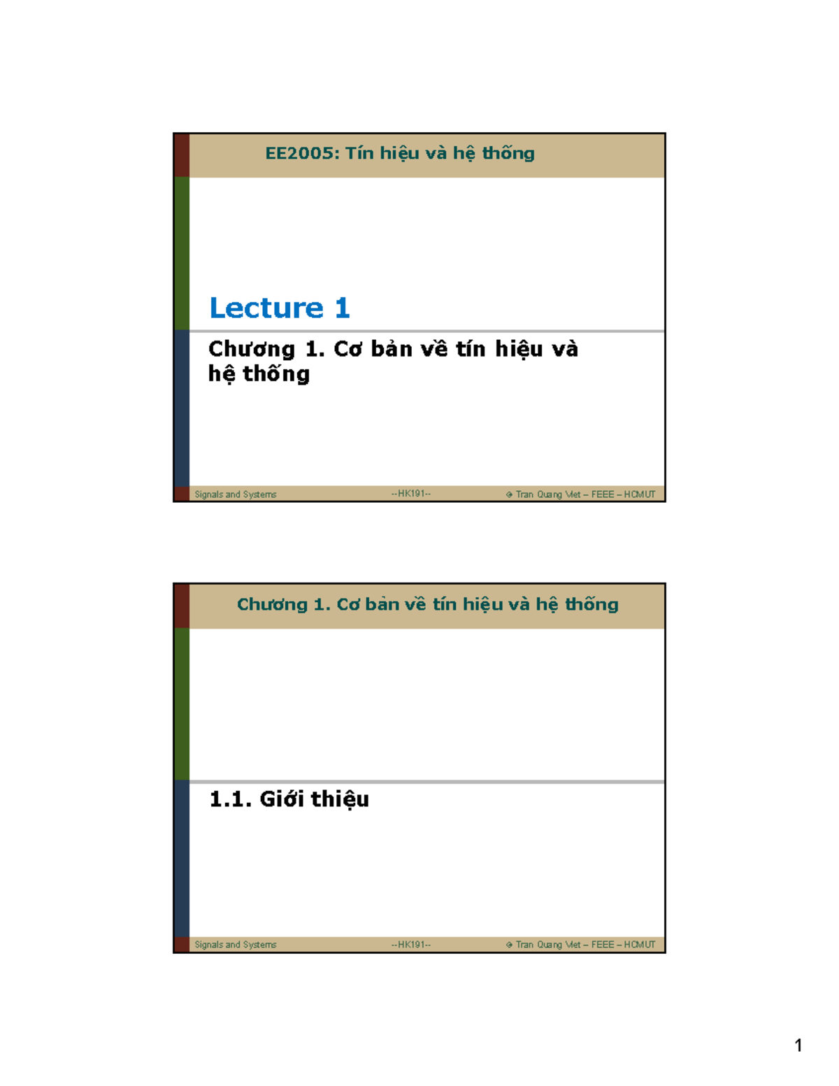 EE2005 lecture 01 191 -HK191- Tran Quang Viet – FEEE – HCMUT Signals and Systems Chương 1. Cơ ...
