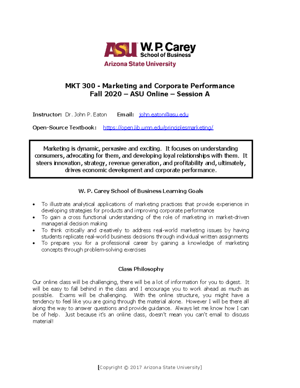 74771 MKT 300 o Course ASU Online Syllabus Fall 2020 - MKT 300 ...