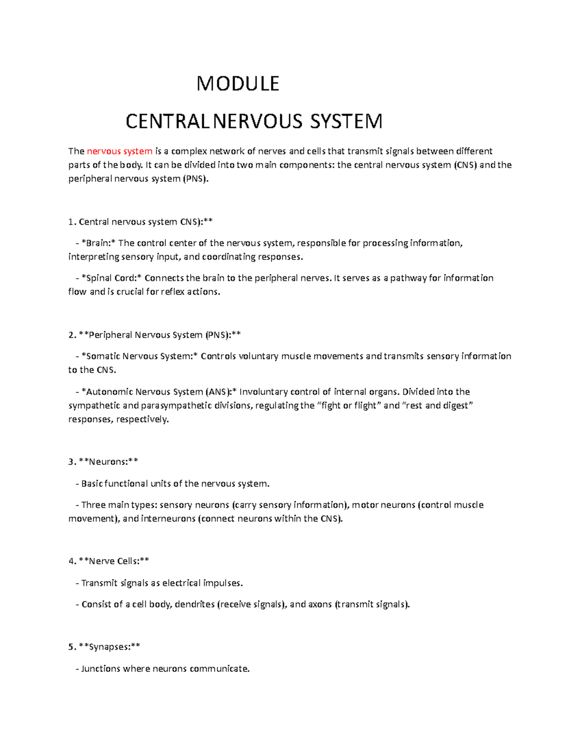 Physiology 1 module - MODULE CENTRAL NERVOUS SYSTEM The nervous system ...