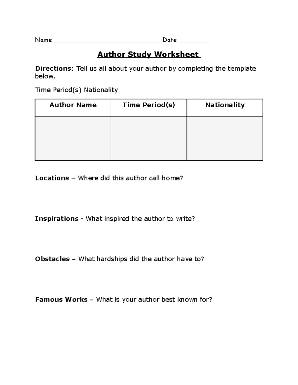 Author Study Handout ELA7 - Name ___________________________ Date ...