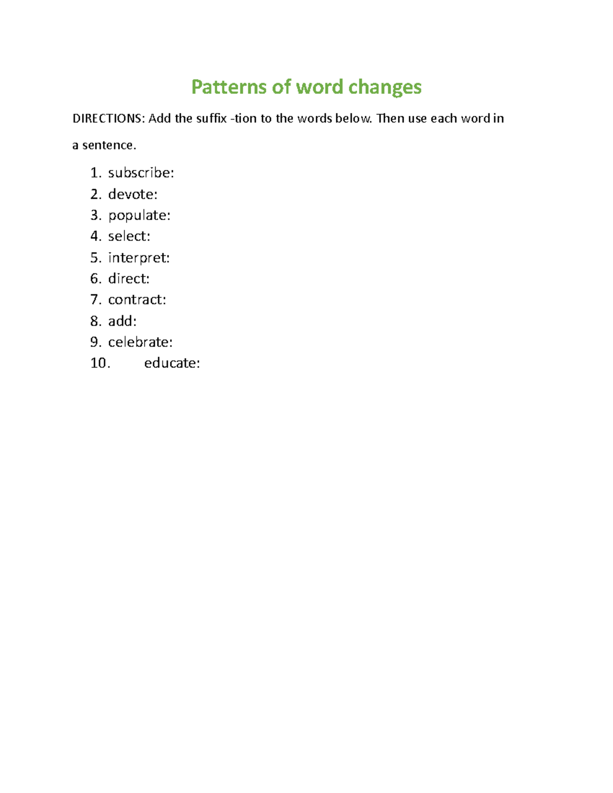 9th grade - actividades ingles - Patterns of word changes DIRECTIONS ...