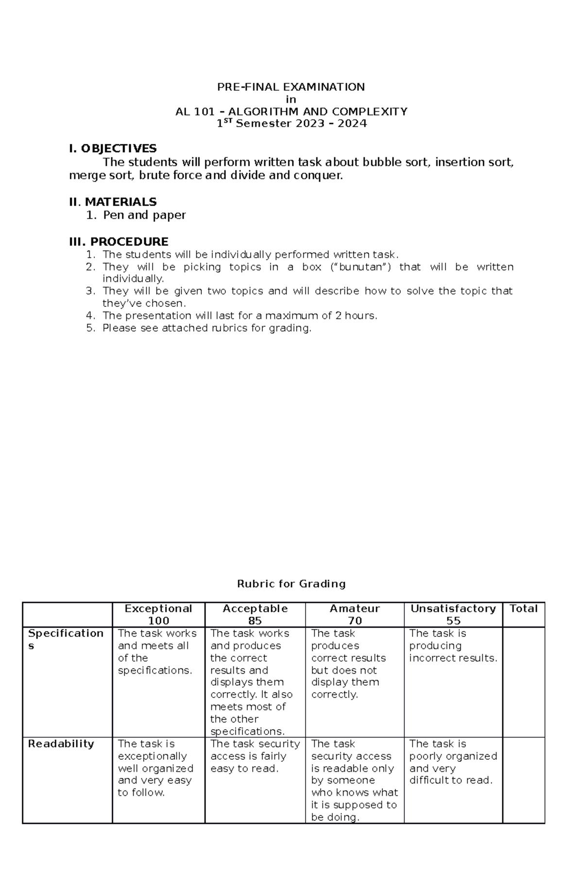 Algorithm - LECTURE - PRE-FINAL EXAMINATION in AL 101 – ALGORITHM AND COMPLEXITY 1 ST Semester ...