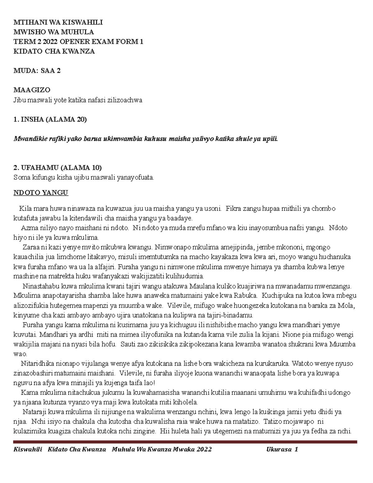 KIS F1 QSN - Maswali ya kudurusu - MTIHANI WA KISWAHILI MWISHO WA MUHULA TERM 2 2022 OPENER EXAM ...