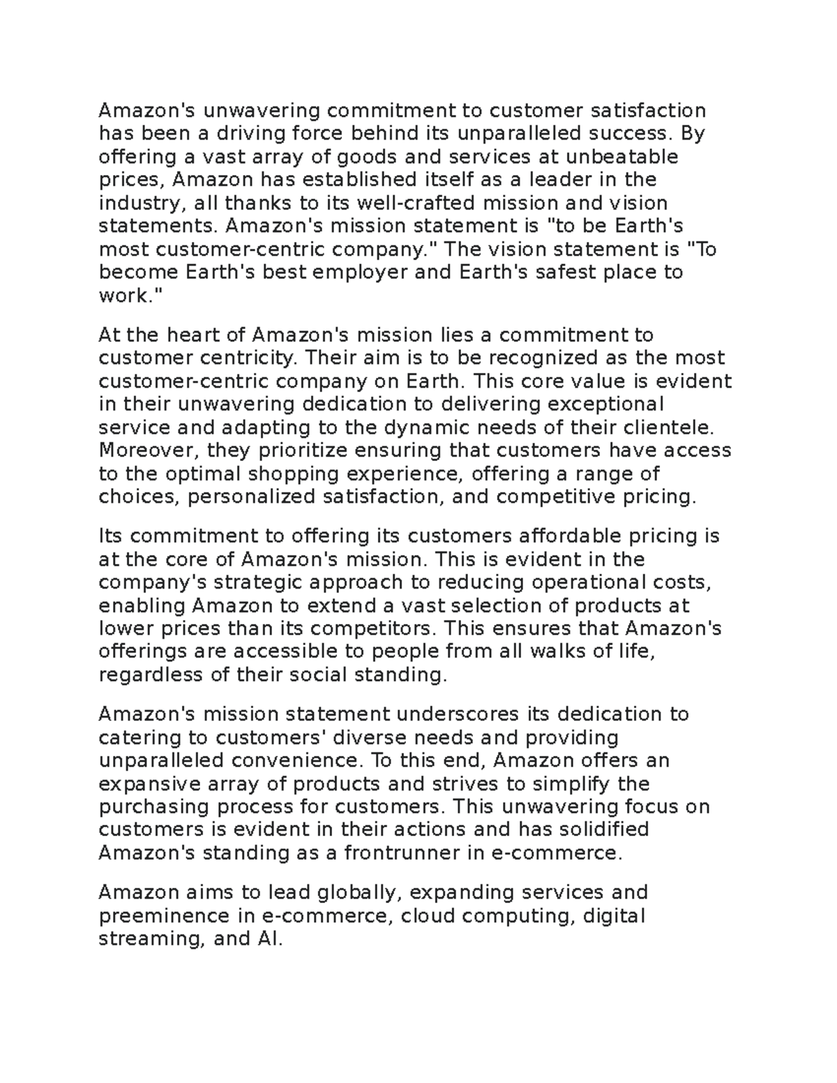 2-1 Discussion Mission and Vision - Amazon's unwavering commitment to ...