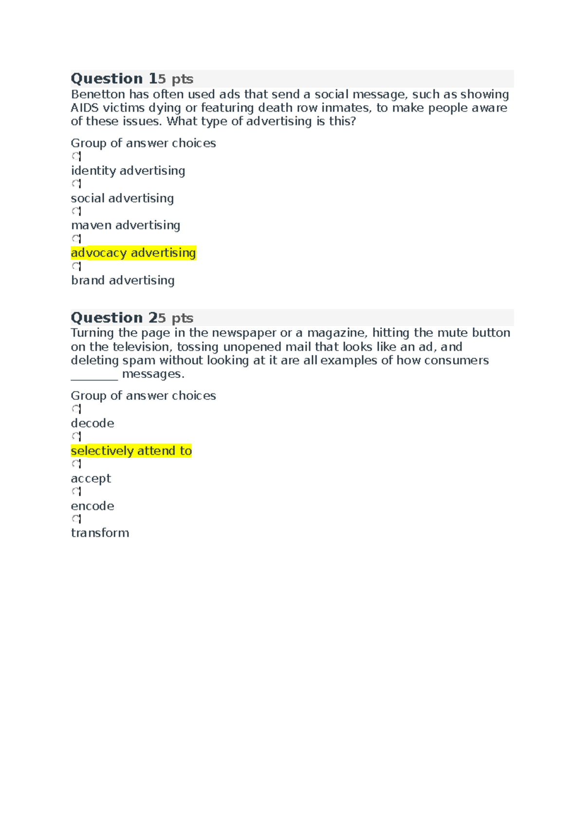 MKT358 PCQ1 - Pre-class quiz - Question 15 pts Benetton has often used ...