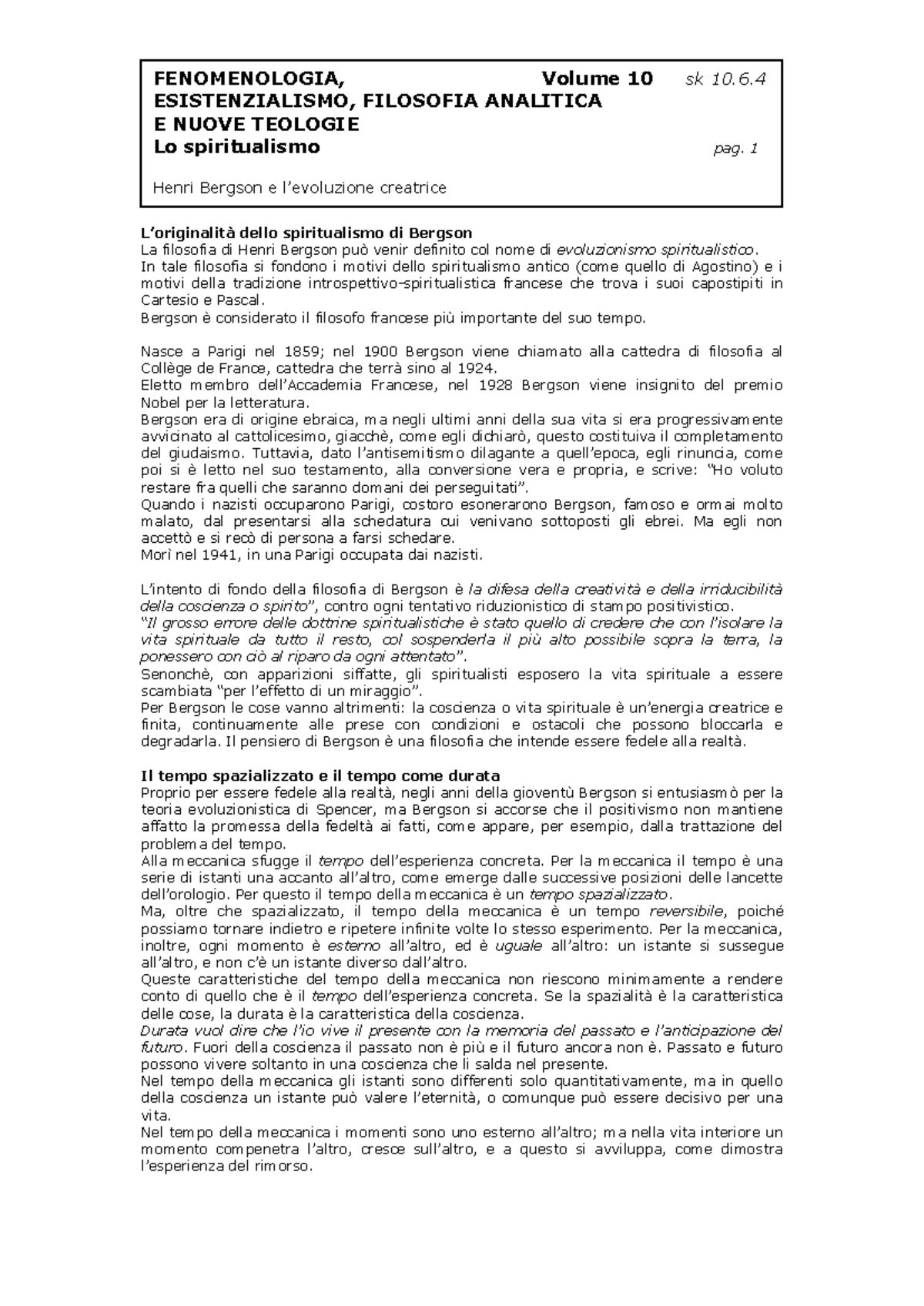 10 6 4 Bergson - L’originalità dello spiritualismo di Bergson La ...