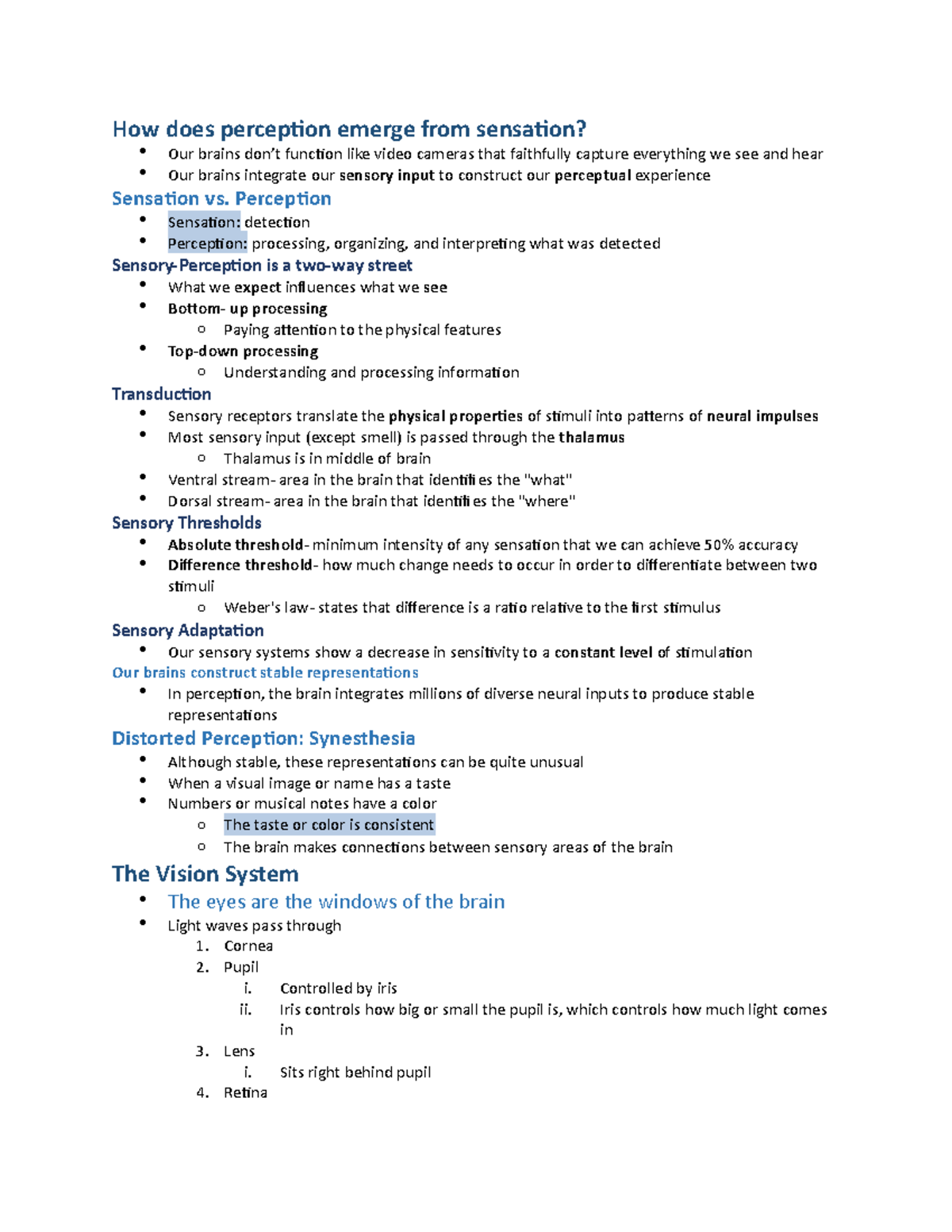 Chapter 5 Psy 100 - How does perception emerge from sensation? - How ...