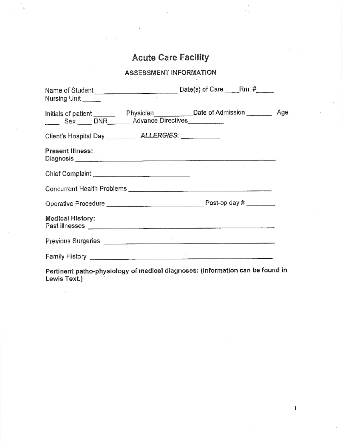 Form - Intake forms - Acute Care Facility ASSESSMENT INFORMATION Name ...