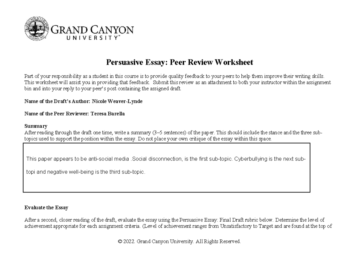12-10-23 T-6 Peer Review Worksheet PHI105 - Persuasive Essay: Peer ...