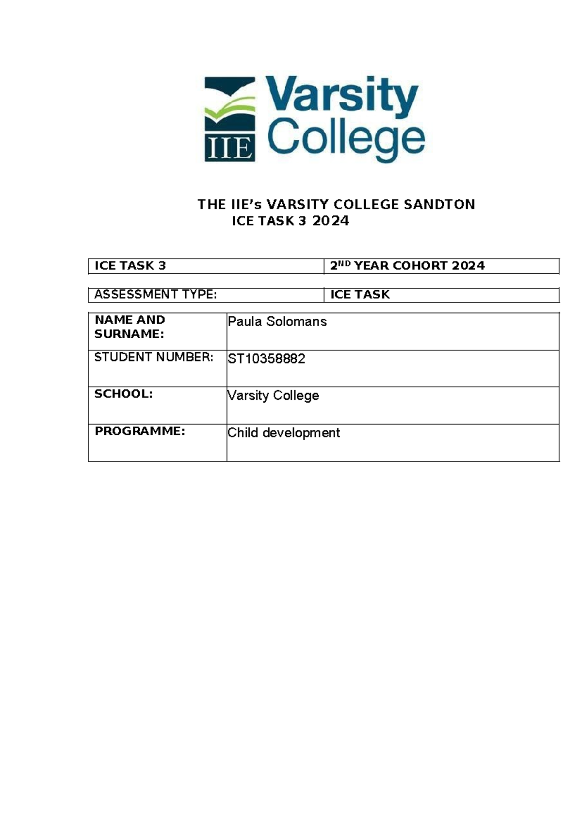 Ice task 3 child development - THE IIE’s VARSITY COLLEGE SANDTON ICE ...