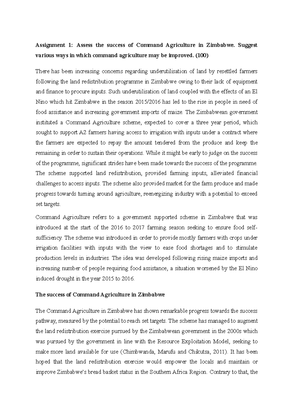 Assignment 1 - Agriculture and sustainable development - Development ...