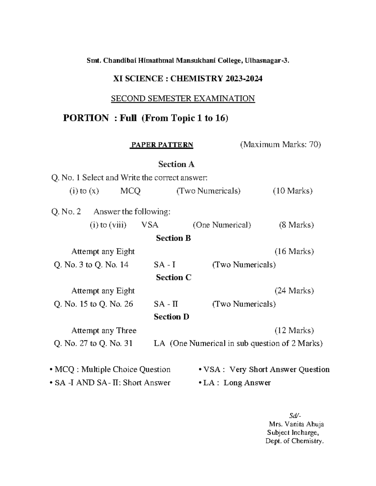 Xl Chemistry 2nd Semester portion and paper pattern 2023-24 - Smt ...