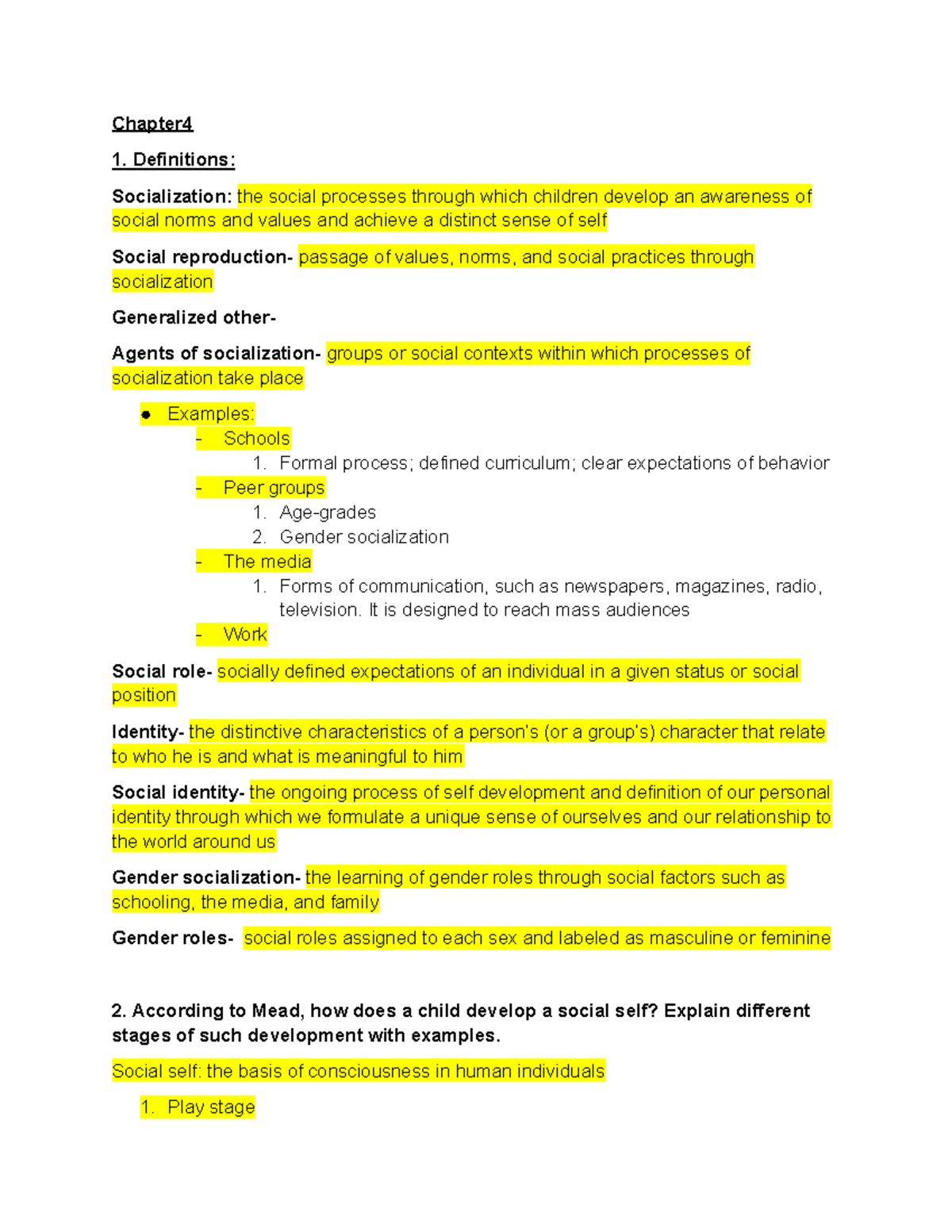 Sociology study guide - Chapter Definitions: Socialization: the social ...