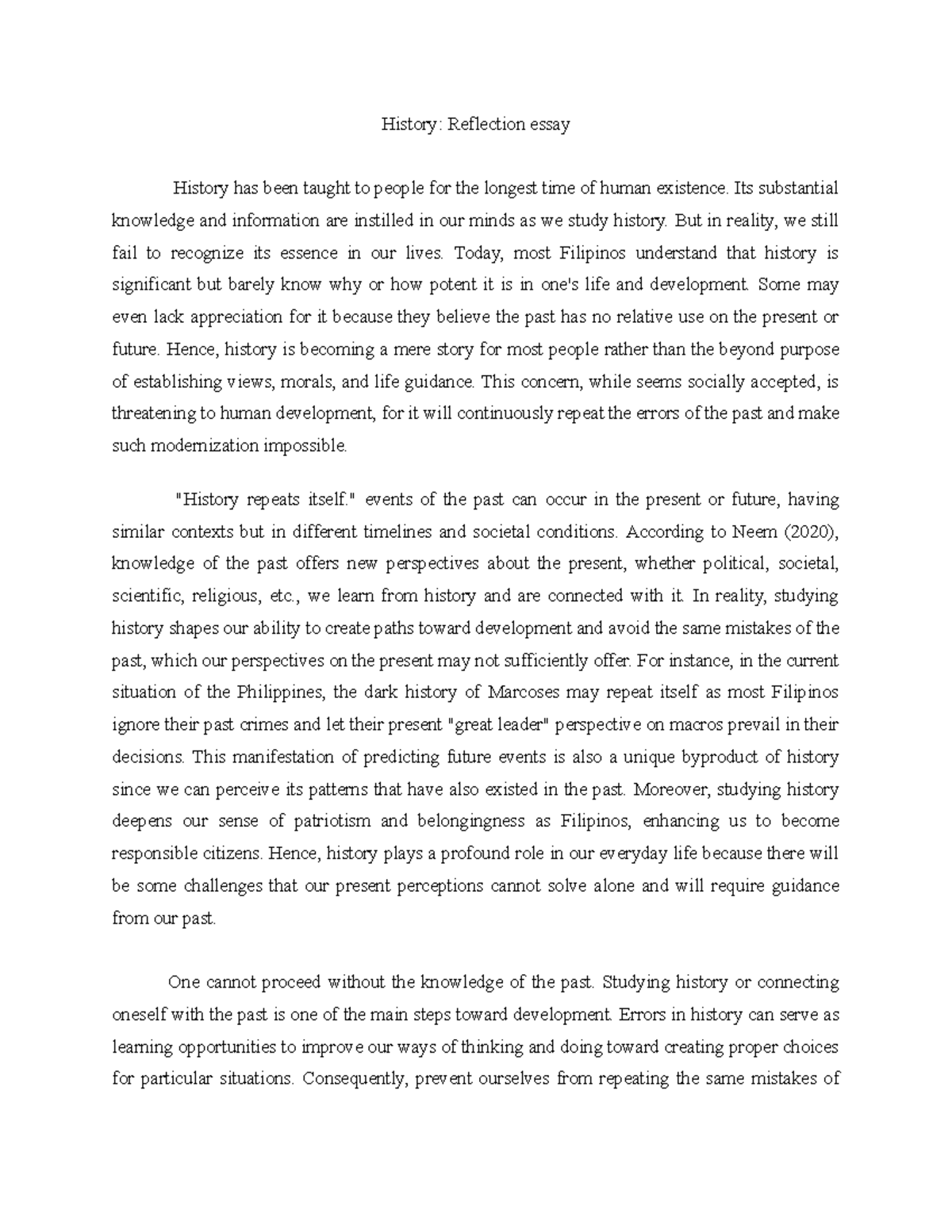 Capiral Fa1 Sec. 105 - Essay - History: Reflection essay History has ...