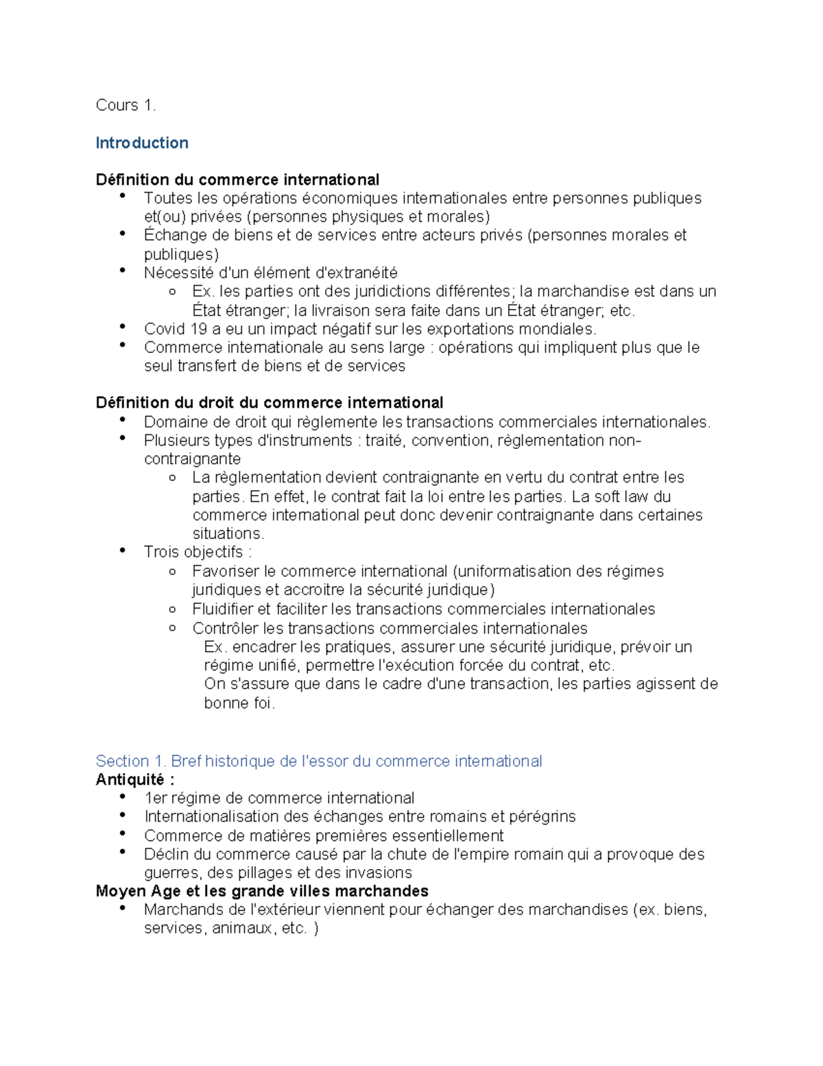 Intra - Cours 1. Introduction Définition du commerce international ...