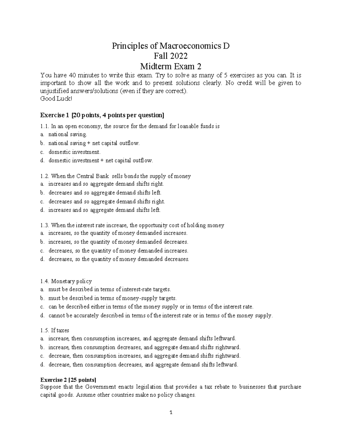 Midterm 1 ECON122 D - Principles of Macroeconomics D Fall 2022 Midterm ...