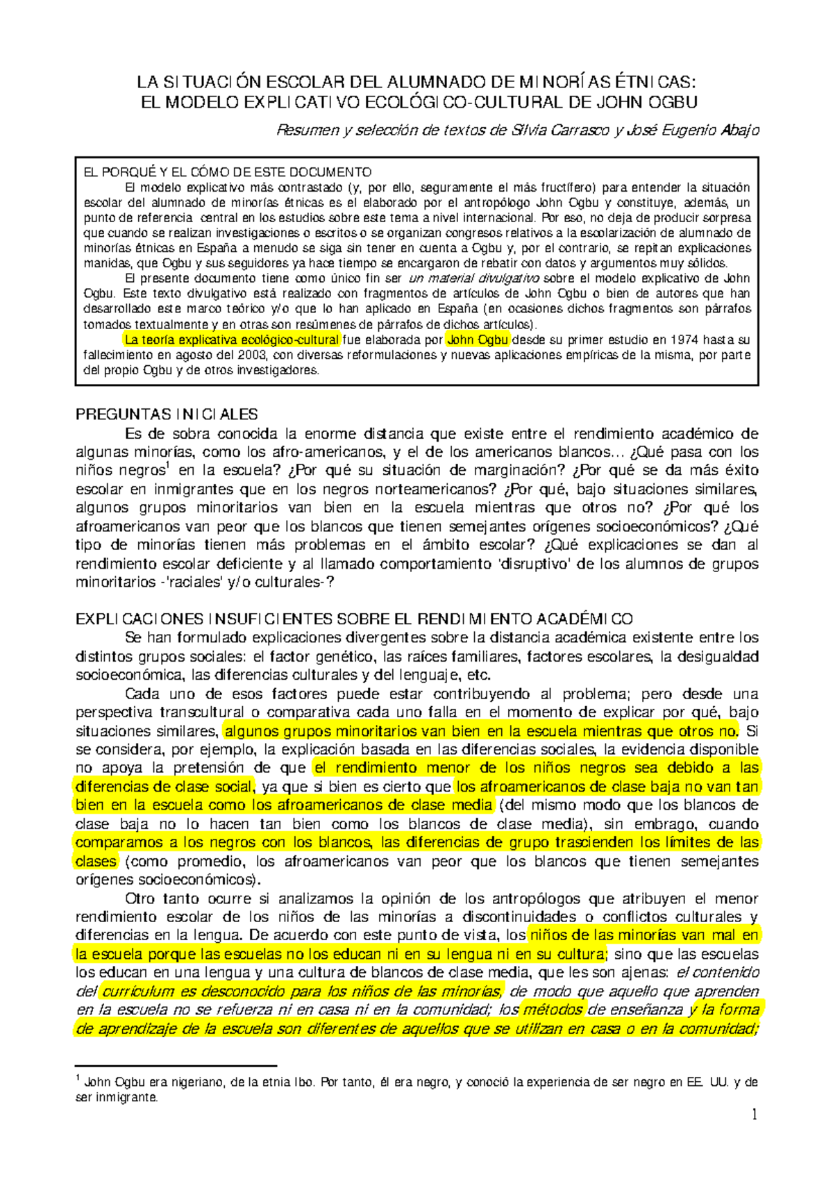 El modelo explicativo ecológico-cultural de John Ogbu - LA ESCOLAR DEL ...