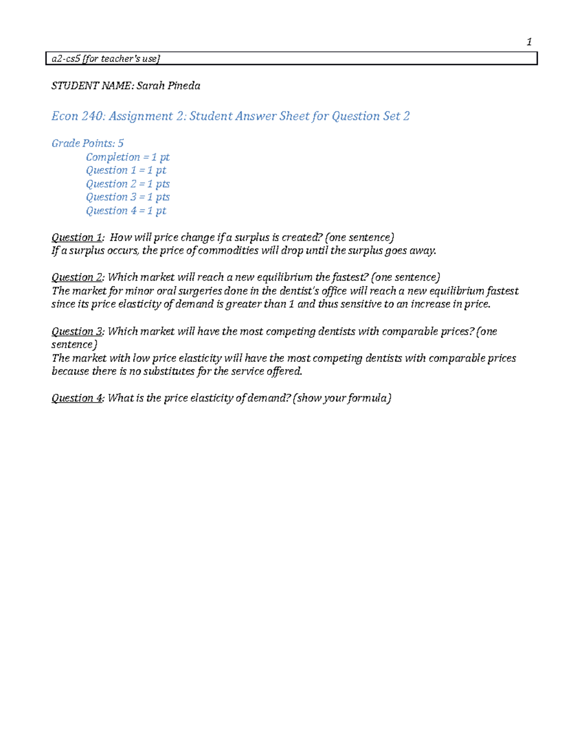 Answer Sheet 2 S5 Econ 240 Assignment 2 A2 Cs5 For Teacher S Use