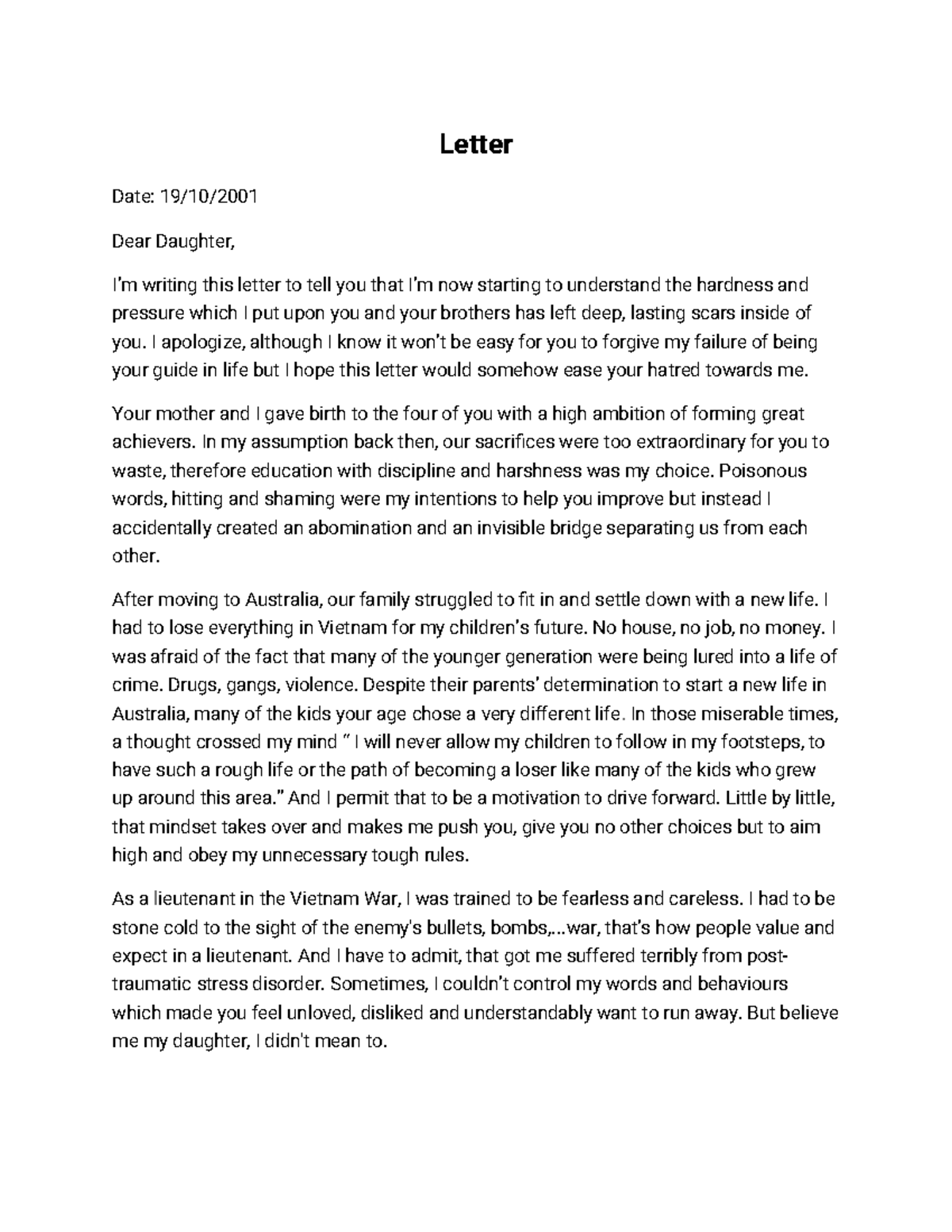Letter Sample - Very High - Letter Date: 19/10/ Dear Daughter, I’m ...