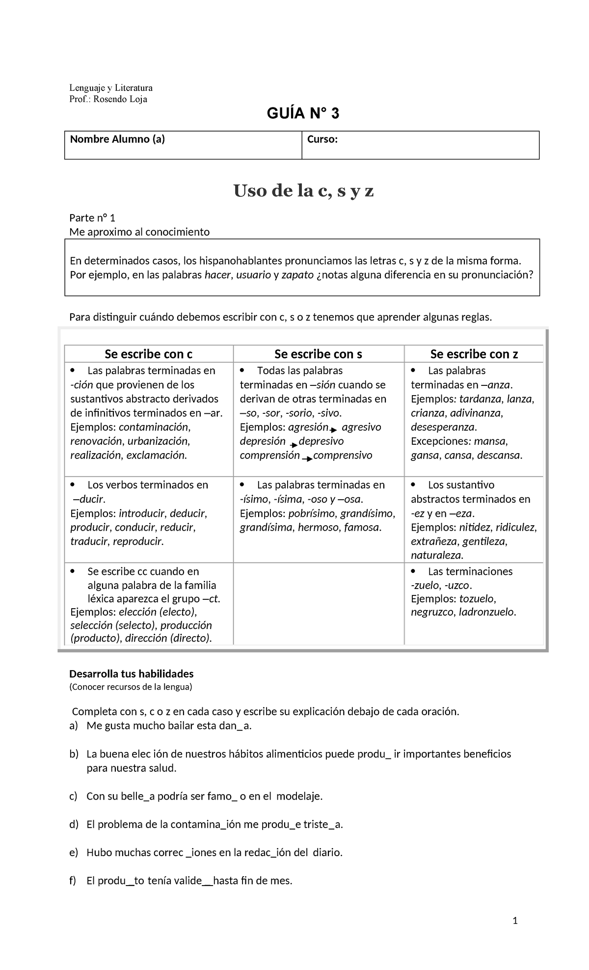 Guia n°3 uso de la c s y z convertido - Lenguaje y Literatura Prof ...