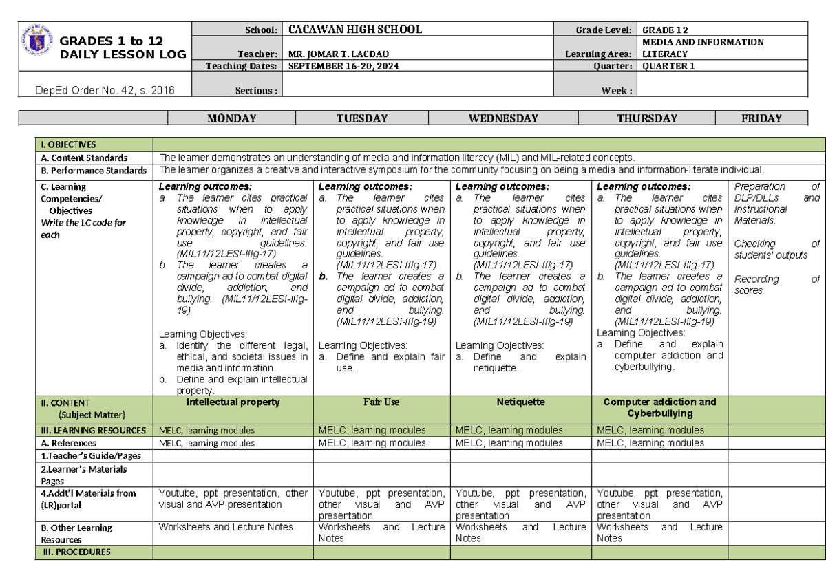 MIL DLL - DLL - GRADES 1 to 12 DAILY LESSON LOG School: CACAWAN HIGH ...