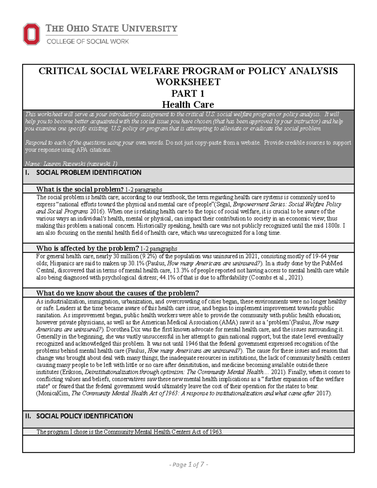 SWK welfare analysis pt1 - CRITICAL SOCIAL WELFARE PROGRAM or POLICY ...