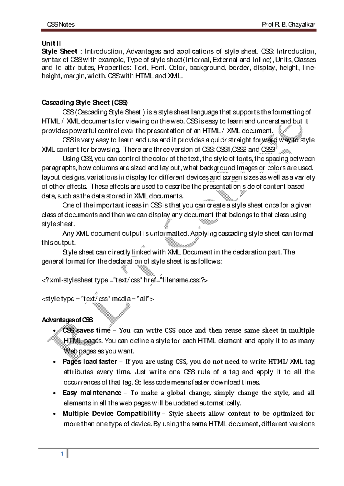 Css Notes Unit Ii Style Sheet Introduction Advantages And Applications Of Style Sheet Css