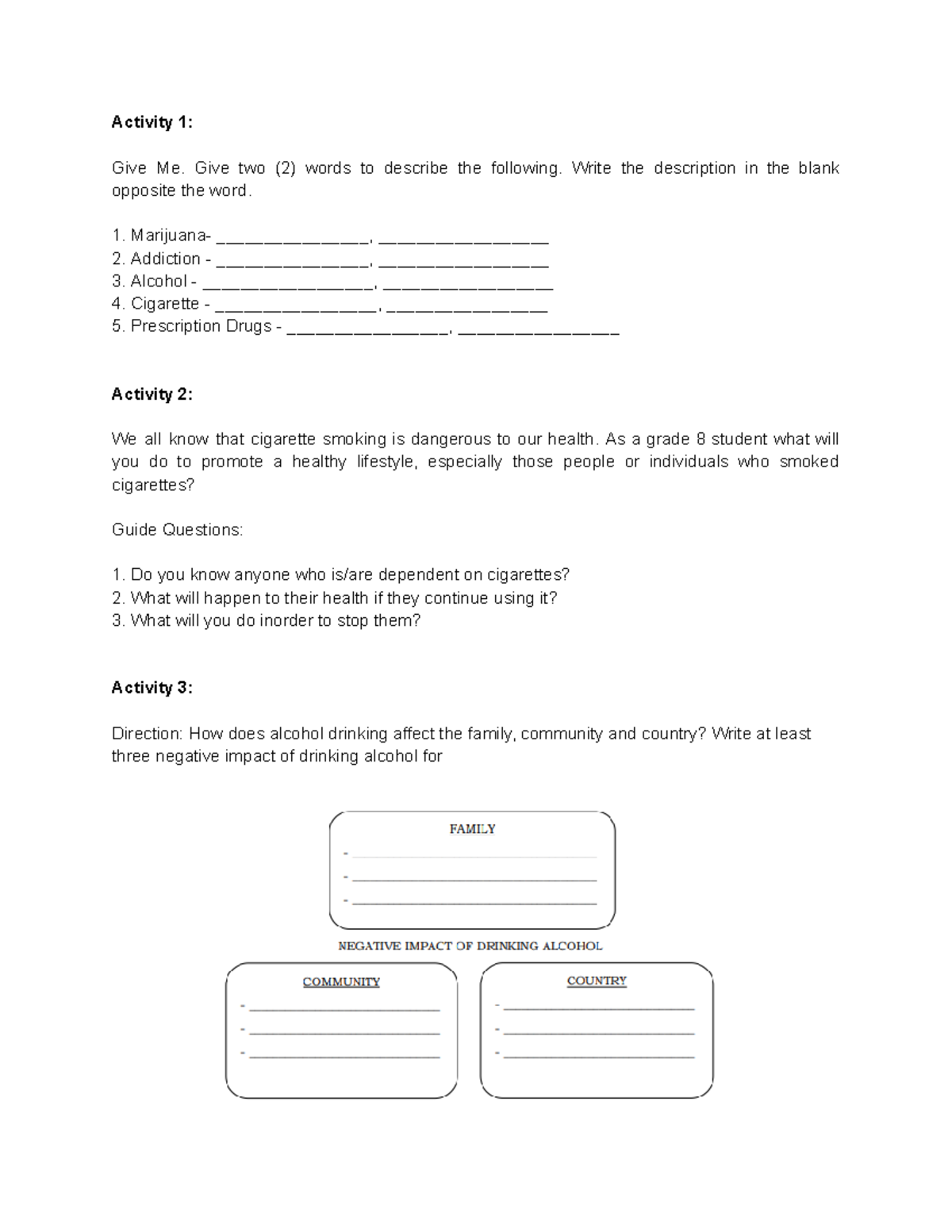 Health- Activity- Module - Activity 1: Give Me. Give two (2) words to ...