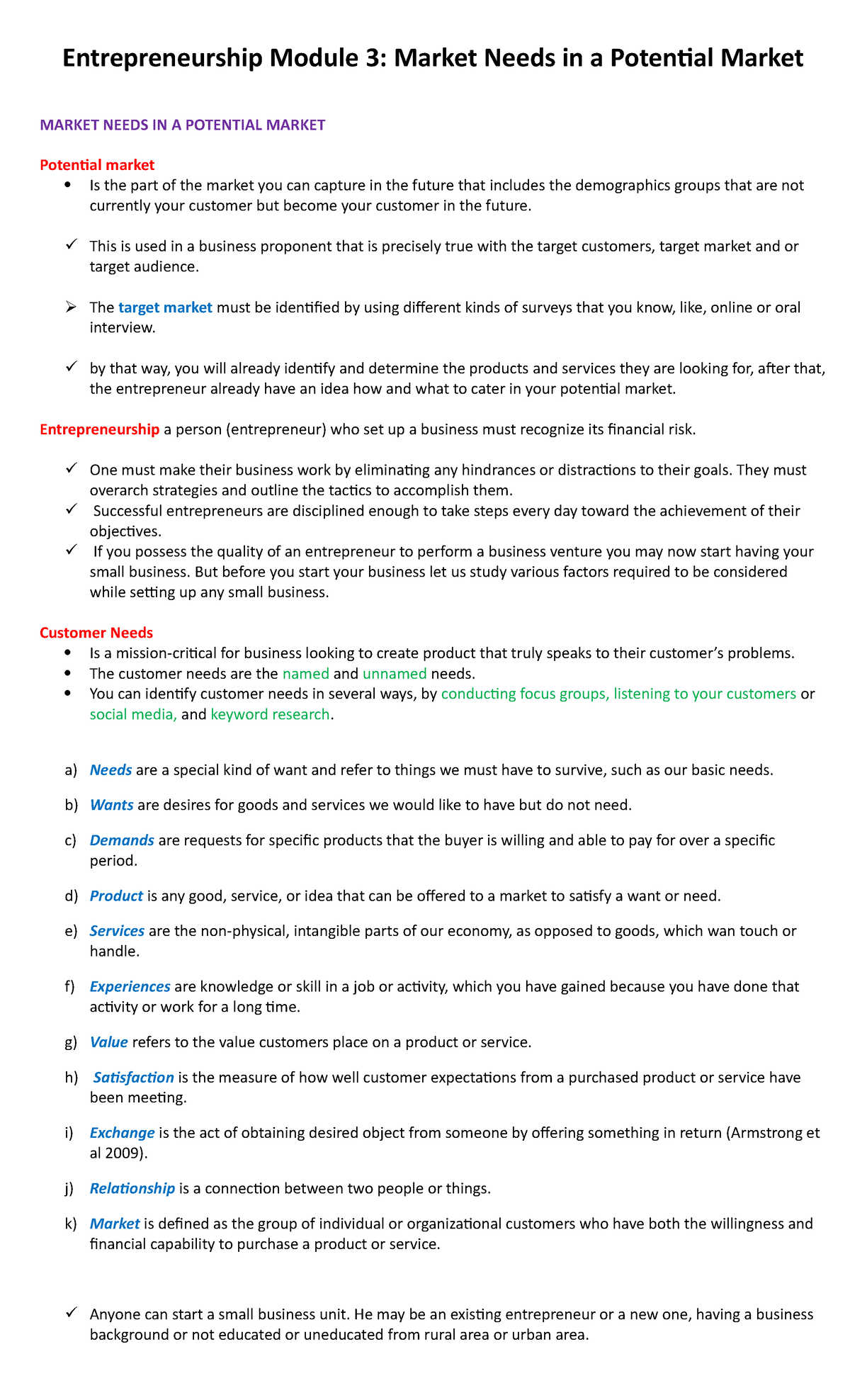 Entrepreneurship-reviewer - Entrepreneurship Module 3: Market Needs in ...