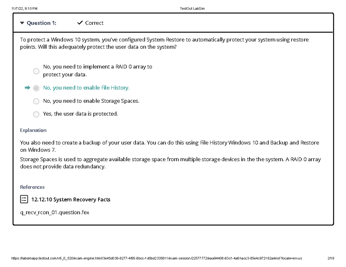 Test Out Lab Sim 12.12.10 System Recovery Facts Questions - Deprecated ...