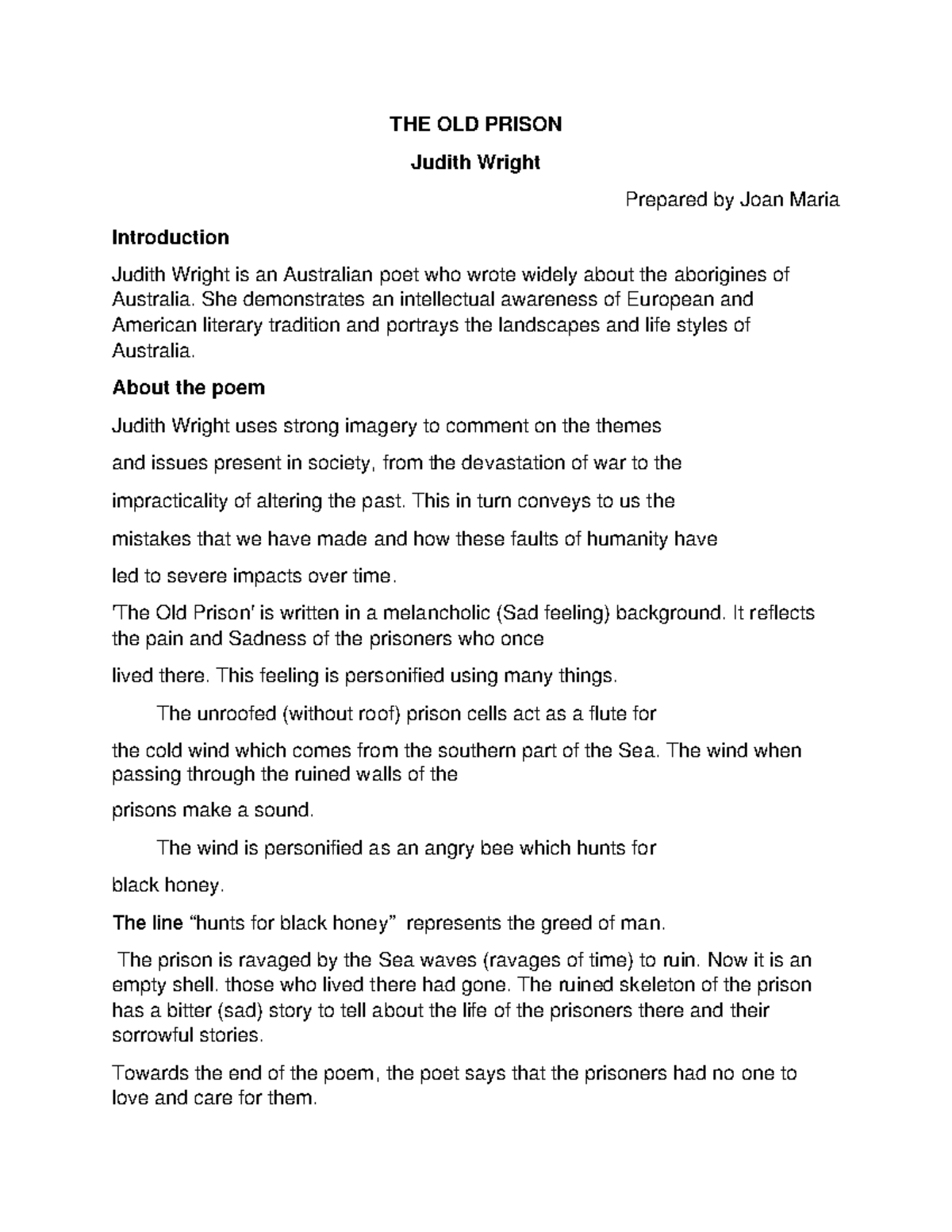 1 issues that Matter Old Prison - THE OLD PRISON Judith Wright Prepared ...