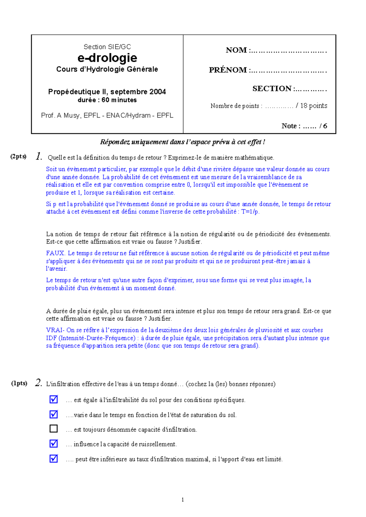 Examen sept2004 corrige - Section SIE/GC e-drologie Cours d’Hydrologie ...