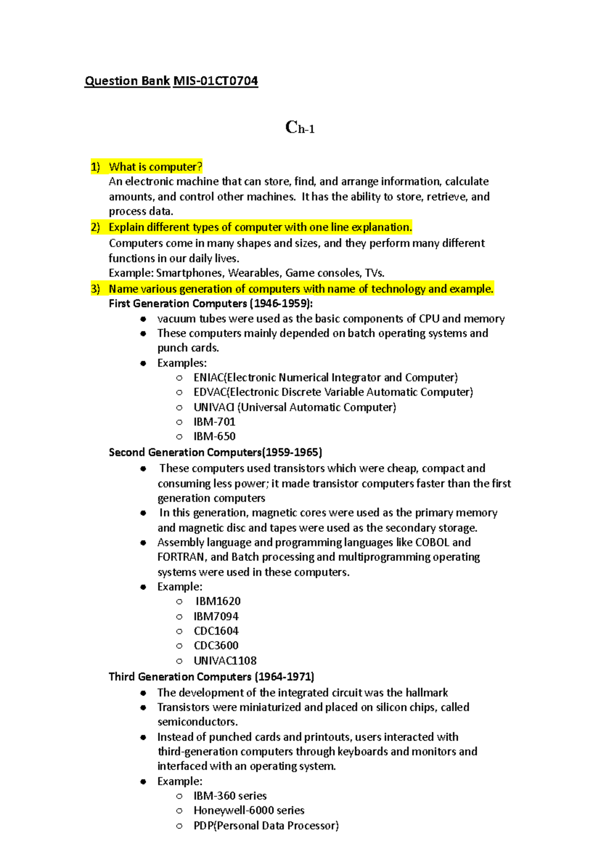 Question bank-MIS - MIS - Question Bank MIS-01CT Ch- What is computer ...