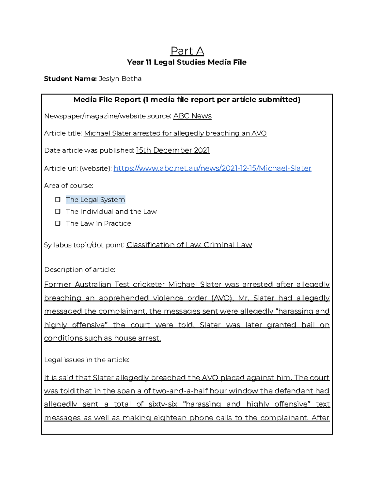 Jeslyn Botha- Legal Studies Assessment Task 1 - Part A Year 11 Legal ...