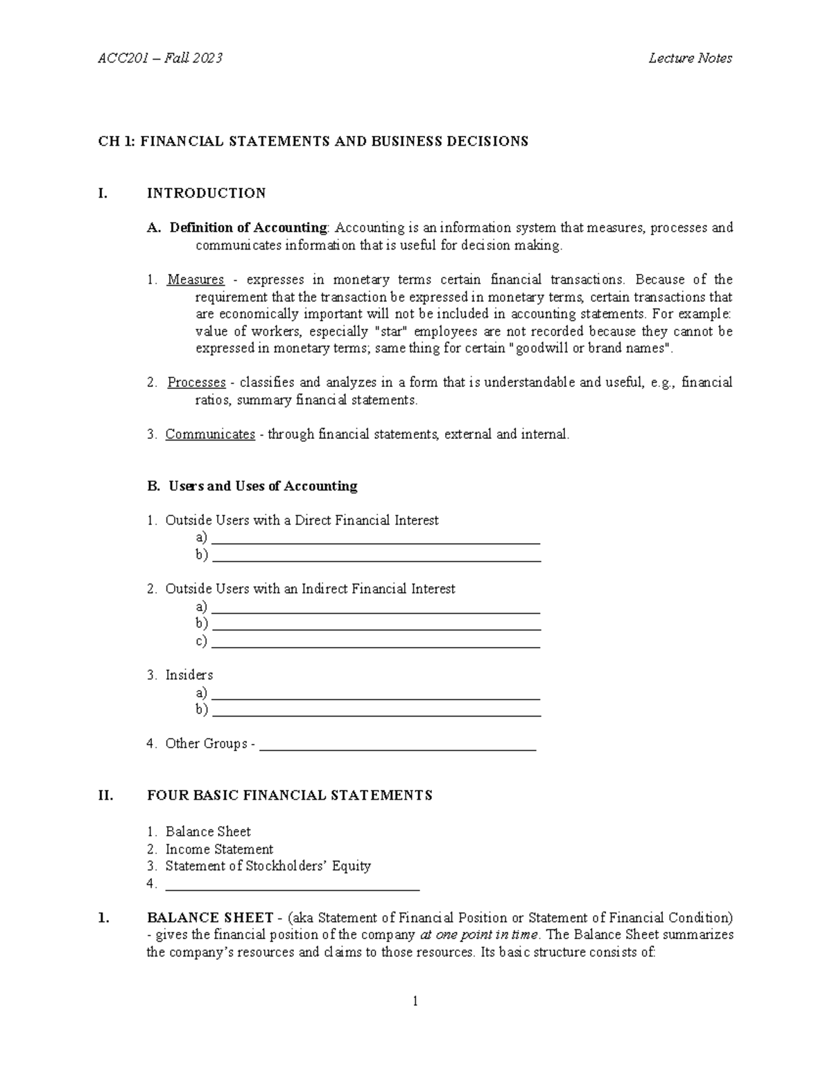 Ch. 1 - Lecture Notes - note - CH 1: FINANCIAL STATEMENTS AND BUSINESS ...