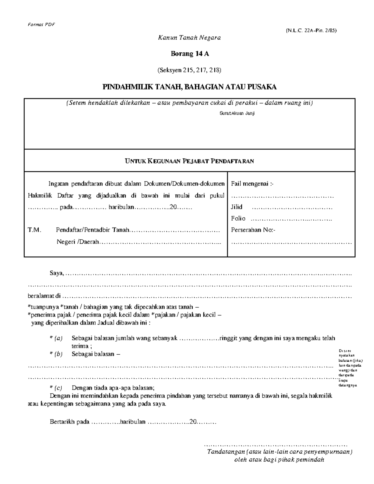 F14A - conveyancing form Form14A example for template. Can convert to ...