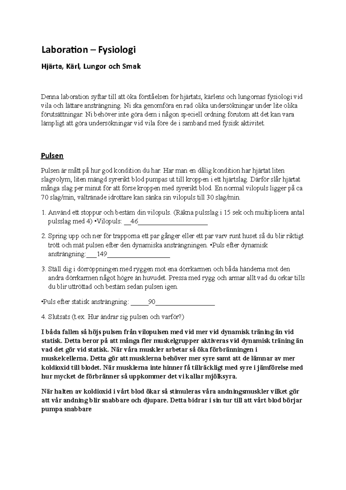 Hemlaboration - sdfghjkl - Laboration – Fysiologi Hjärta, Kärl, Lungor ...