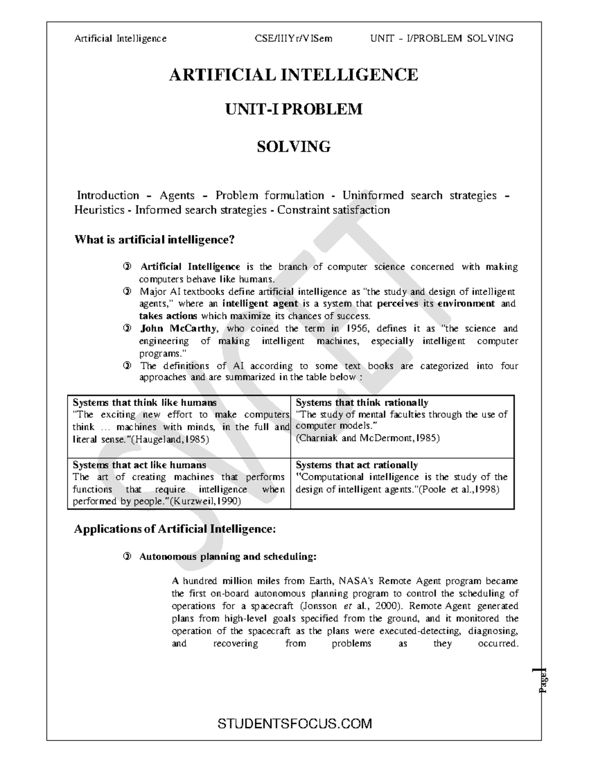 Ai unit 1 - Lecture notes 1anna university - Artificial Intelligence ...