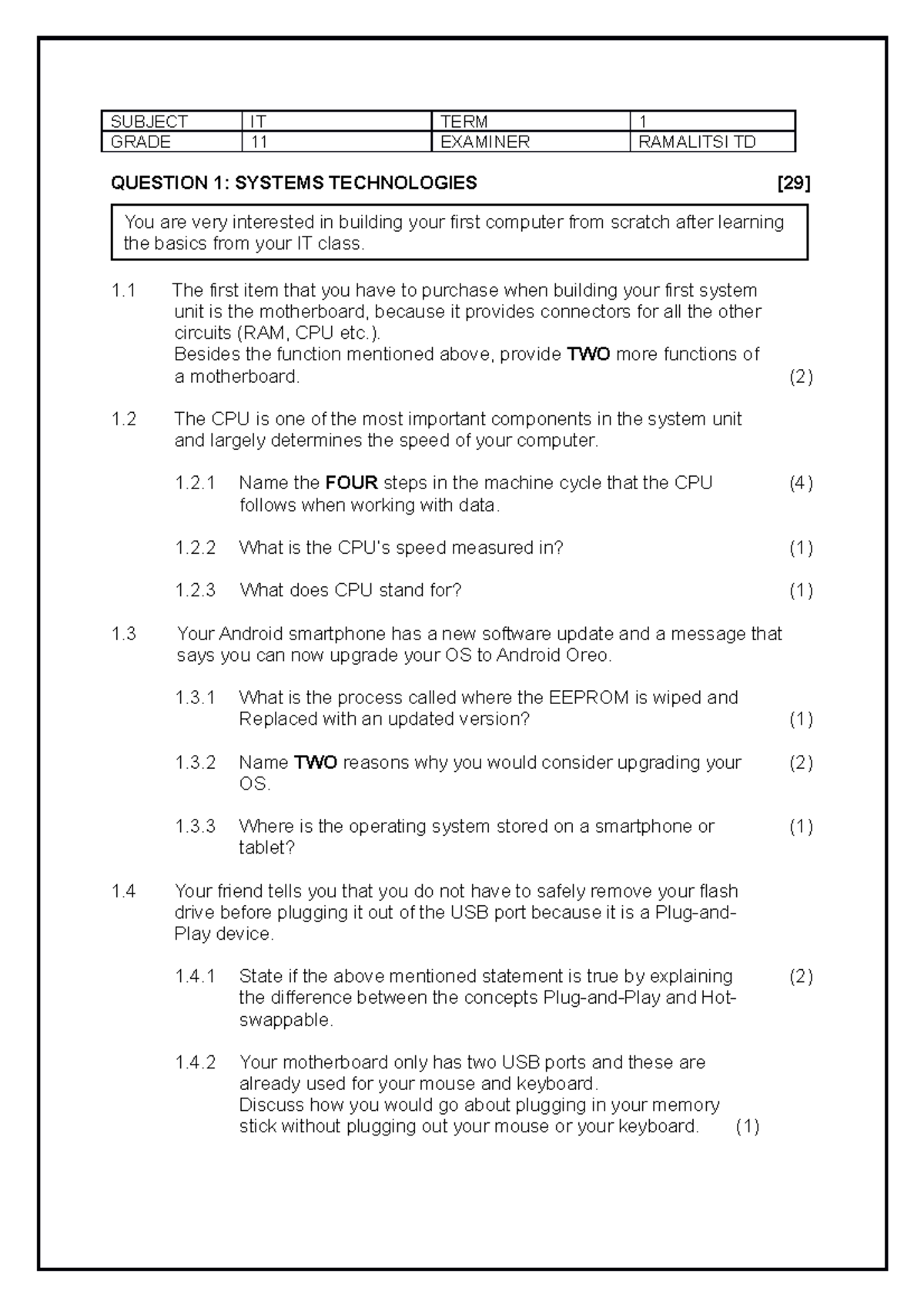 2021 Gr11 IT P2 Term 1 Paper - SUBJECT IT TERM 1 GRADE 11 EXAMINER ...