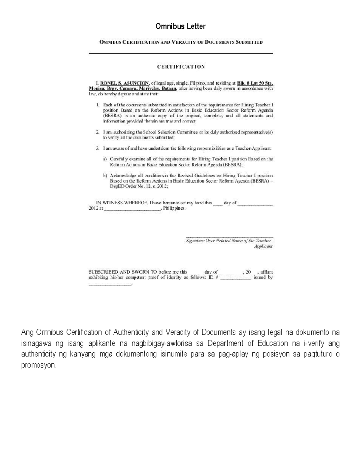 Credentials - Ebeza - Omnibus Letter Ang Omnibus Certification of ...