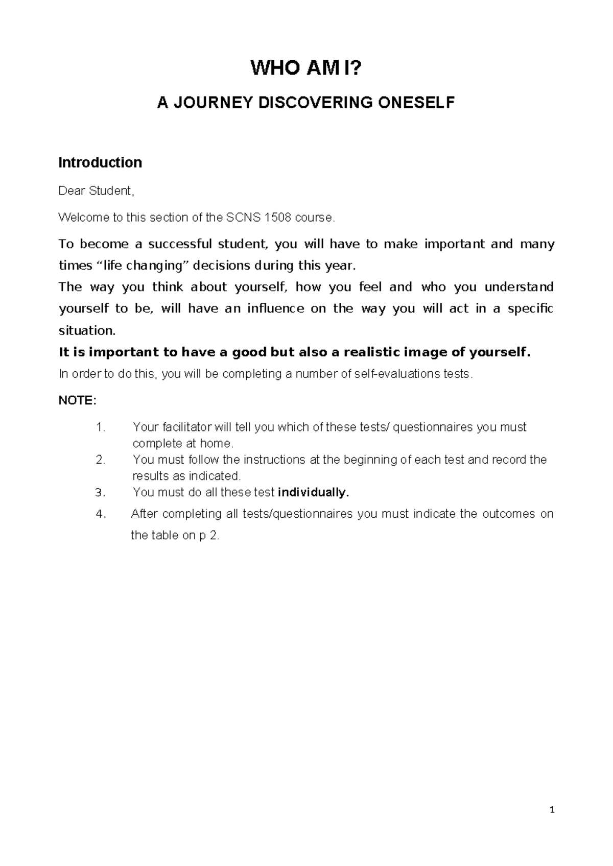 Who am I - WHO AM I? A JOURNEY DISCOVERING ONESELF Introduction Dear ...