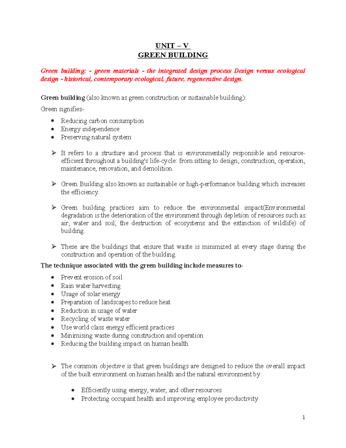 UNIT 5 Doc file ESB - UNIT – V GREEN BUILDING Green building: - green ...