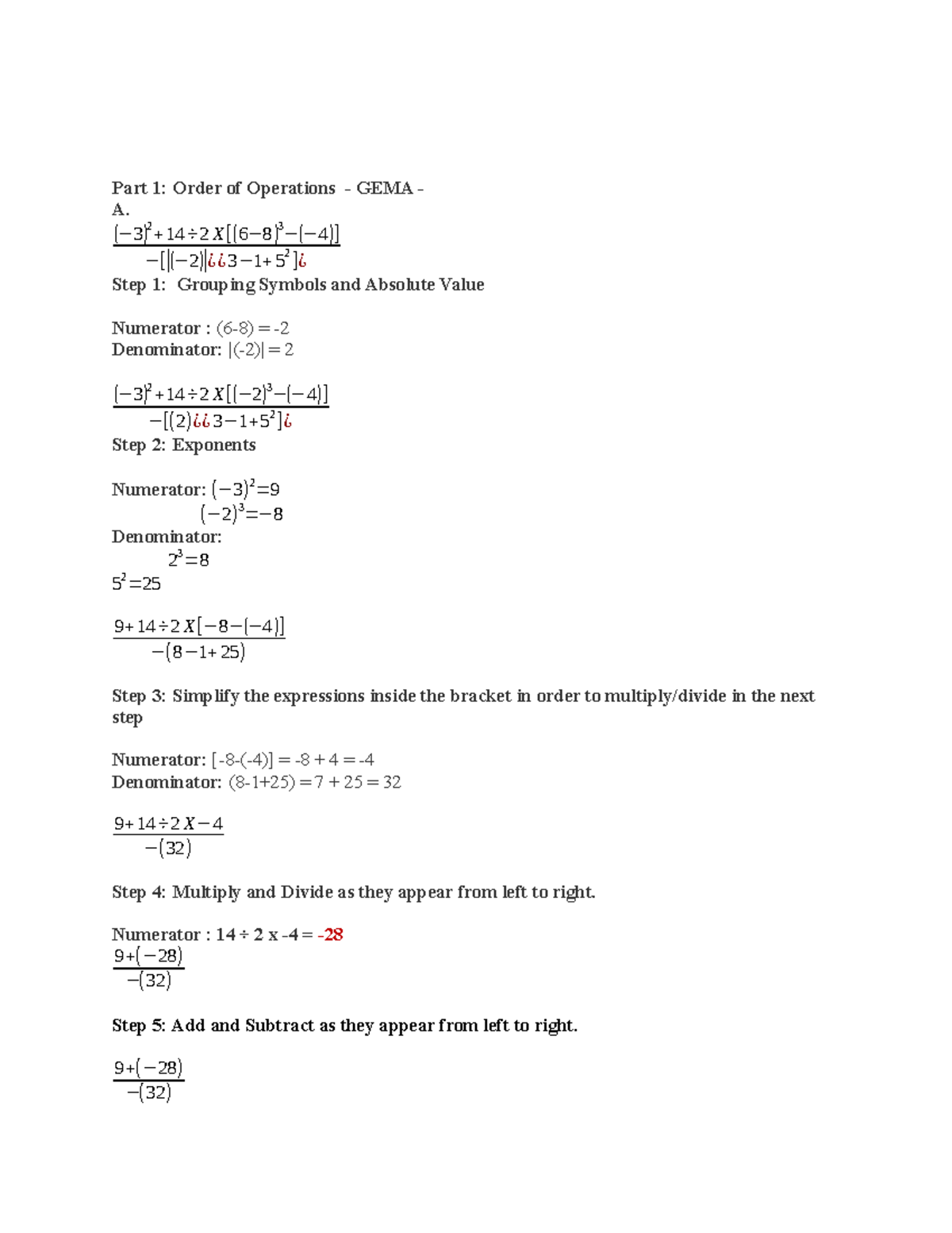 QTT2 JZM3 Task 2 - Part 1: Order of Operations - GEMA - A. ( − 3 ) 2 + 14 ÷ 2 X [ ( 6 − 8 ) 3 − ...