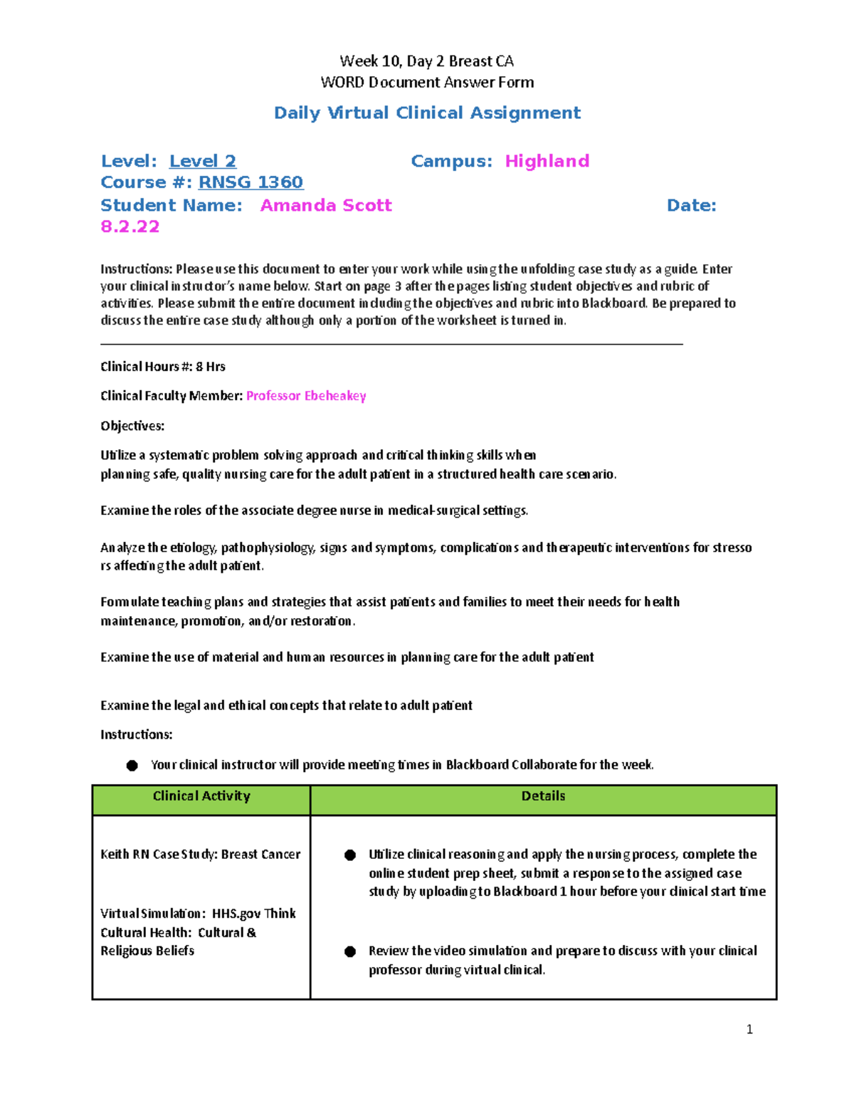 CLIN PREP WORD DOC Week 10, day 2 Breast CA 8 - WORD Document Answer ...