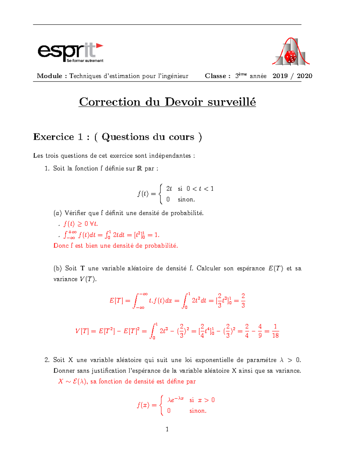 DS 19-20-S1-Correction - Module : Techniques d’estimation pour l’ing ́enieur Classe : 3 `eme ann ...