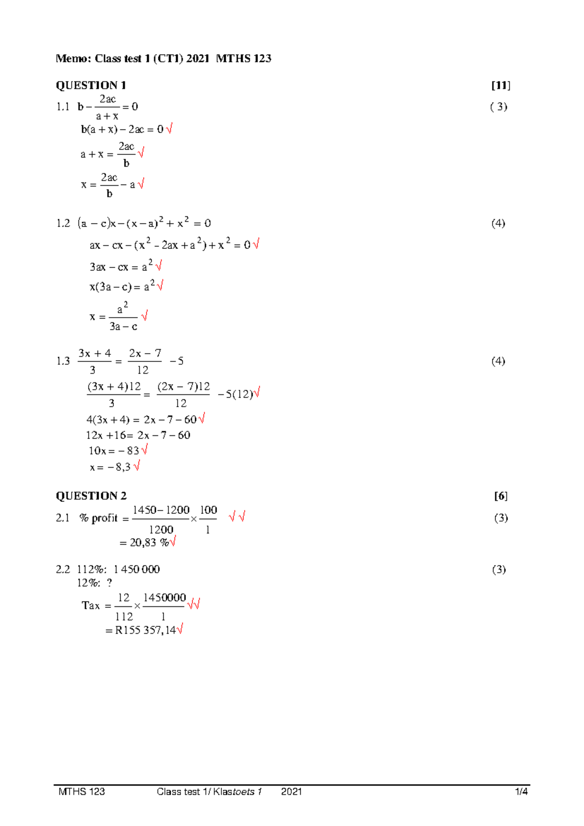 Class test 1 MTHS 123 CT1 MEMO - Memo: Class test 1 (CT1) 2021 MTHS 123 ...