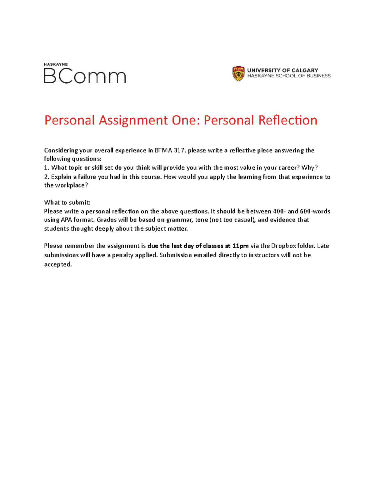 BTMA 317 - Personal Reflex - BTMA 317 - UCalgary - Studocu