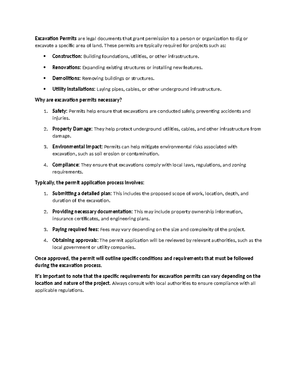 Excavation Permits are legal documents that grant permission to a ...